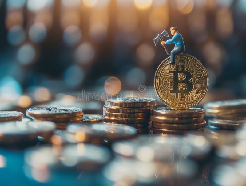 Miniature Figure Mining Bitcoin on Stacked Coins Stock Photo - Image of ...