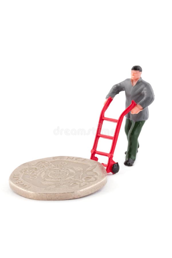 Miniature Figure Moving a Coin Over White Stock Photo - Image of white ...