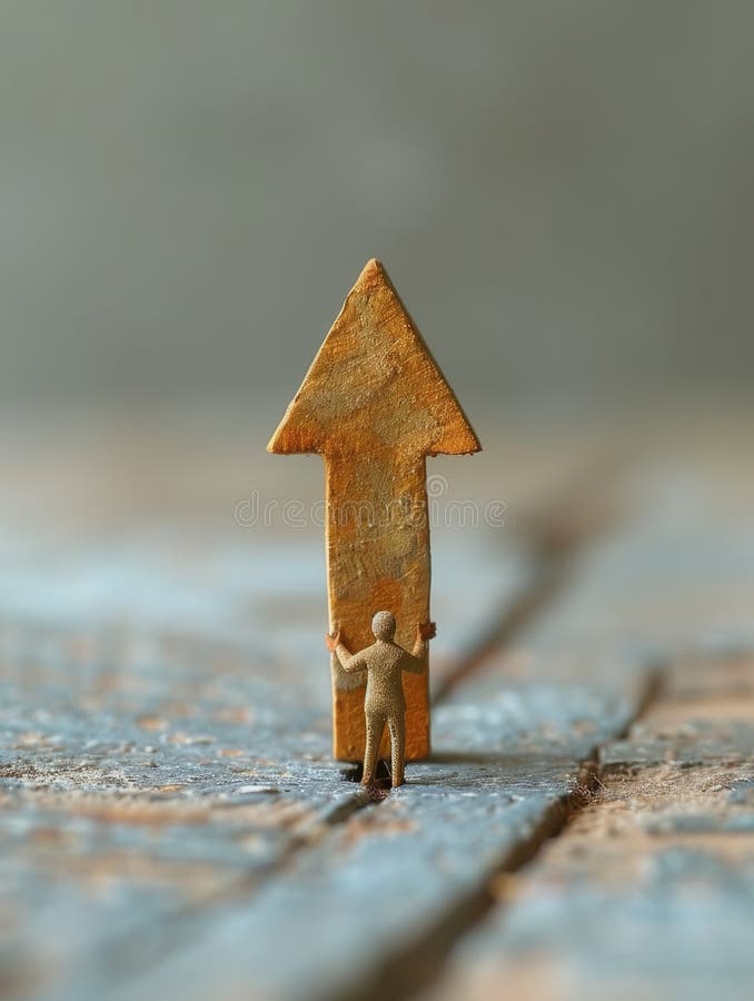 Miniature Figure Pushing Arrow Pointing Upwards Stock Image - Image of ...