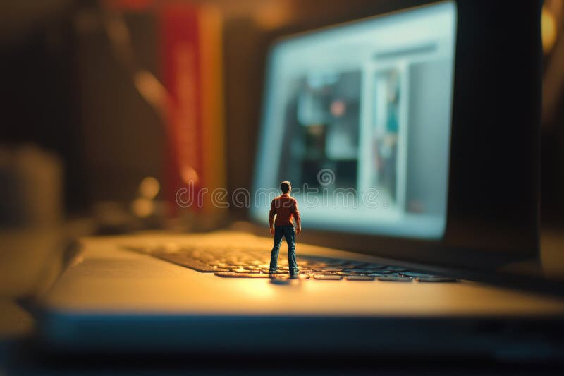 Miniature Figure Standing on a Laptop Keyboard Stock Illustration ...