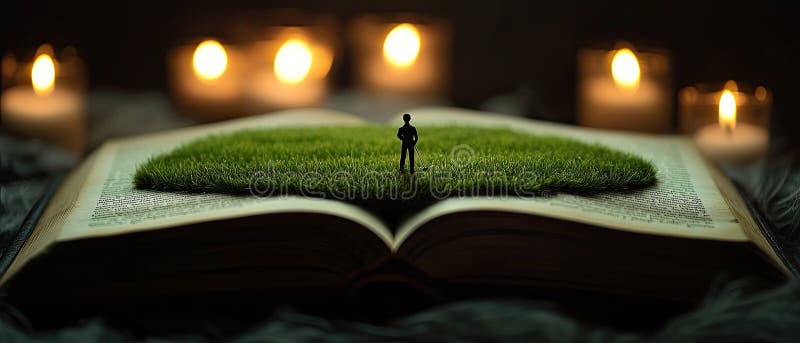 Figure Standing on a Patch of Grass Growing from an Open Book ...