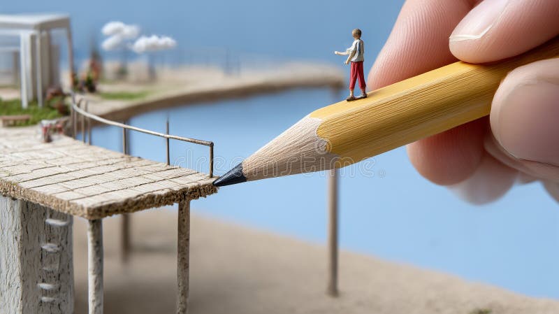A Miniature Figure Stands on the Tip of a Sharpened Pencil Held by a ...