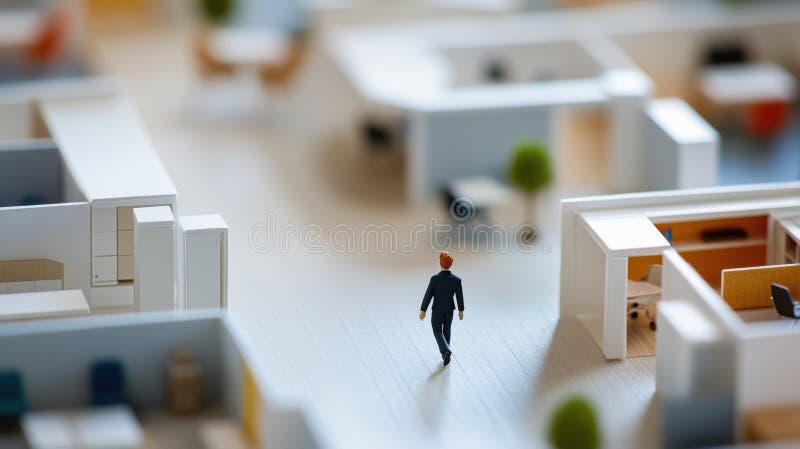 Miniature Figure Walking through Modern Office Space Layout Stock ...