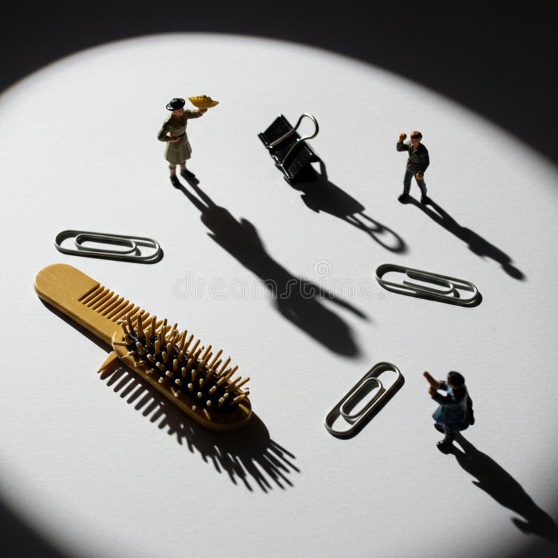 Miniature Figures Arranged on a Surface among Everyday Objects, Such As ...