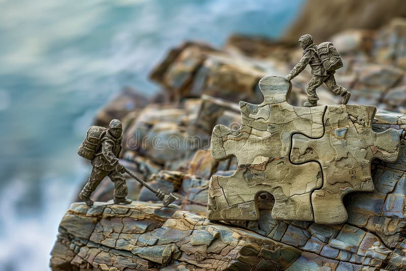 Miniature Figures of Climbers Working Together To Move a Large Puzzle ...