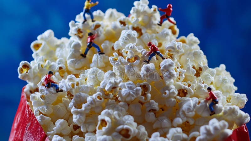 Miniature Figures Climbing a Mountain of Popcorn in a Creative and ...