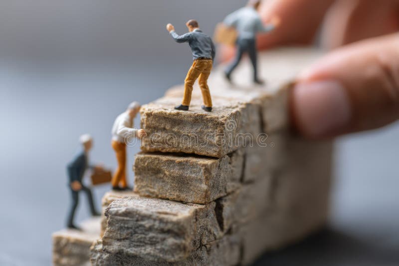 Miniature Figures Climbing Stacked Blocks Symbolizing Teamwork and ...