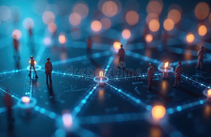 Miniature Figures Connected by Glowing Network on Blue Background. Tech ...