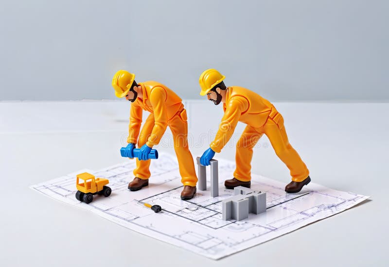 Miniature Figures Construction Workers Working on a Blueprint. Suitable ...