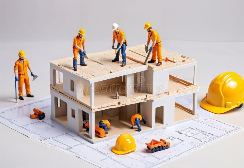 Miniature Figures Construction Workers Working on a Blueprint. Suitable ...