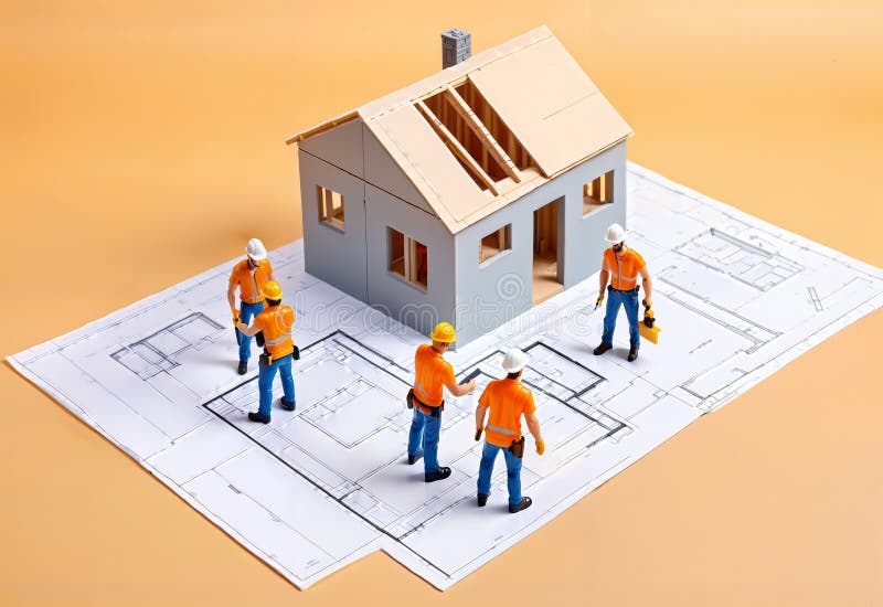 Miniature Figures Construction Workers Working on a Blueprint. Suitable ...