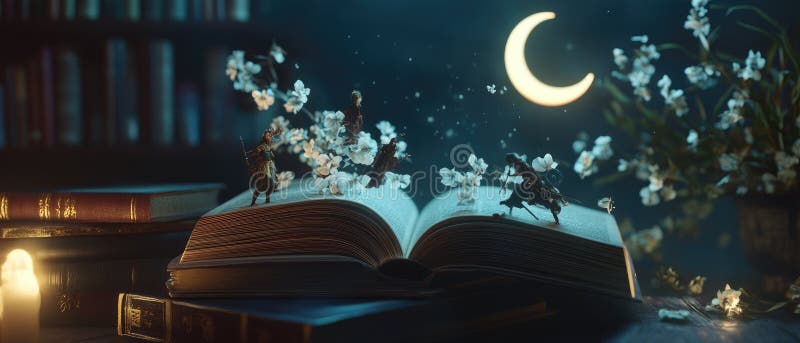 MINIATURE FIGURES DANCING on BOOK UNDER CRESCENT MOON Stock ...
