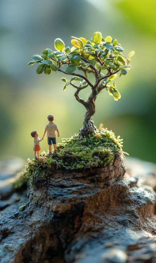 Miniature Figures Enjoying Nature Under a Tiny Tree on a Wooden Base ...
