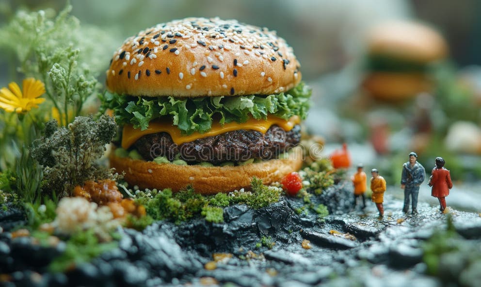 Miniature Figures Exploring a Giant Cheeseburger in a Lush Landscape ...