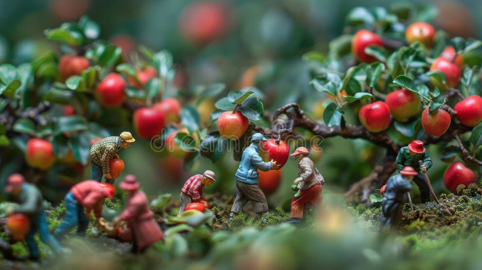 Miniature Farmers Harvesting Red Apples in an Orchard Stock ...