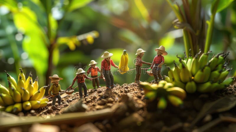 Miniature Farmers Harvesting Bananas in Lush Plantation Stock ...