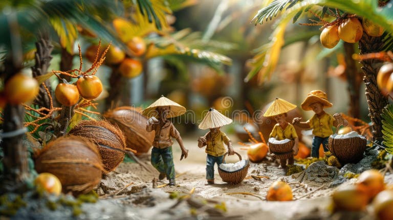Miniature Farmers Harvesting Coconuts in a Lush Tropical Plantation ...