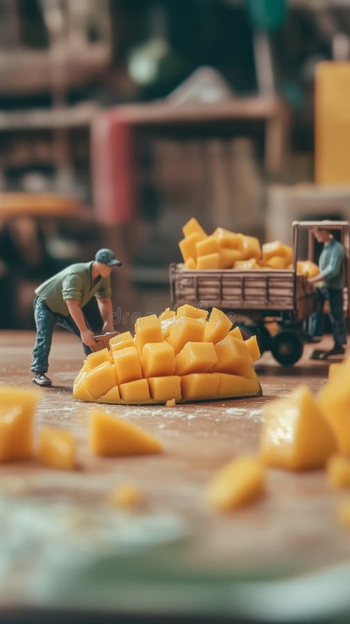Miniature Figures Harvesting Cubed Mango in a Surreal Setting Stock ...