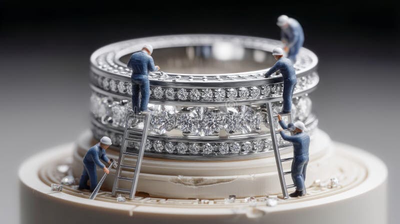 Miniature Figures Meticulously Working on a Sparkling Diamond Ring, a ...