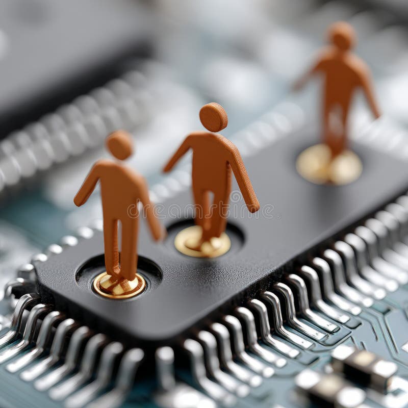 Miniature Figures on a Microchip Circuit Board, Symbolizing Teamwork ...