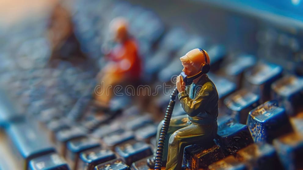 Miniature Figurine Pilot on Old Keyboard Making a Phone Call Stock ...