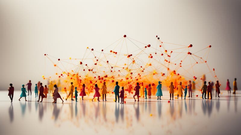 Miniature Figures Stand in a Group Connected by a Web of Red and Orange ...