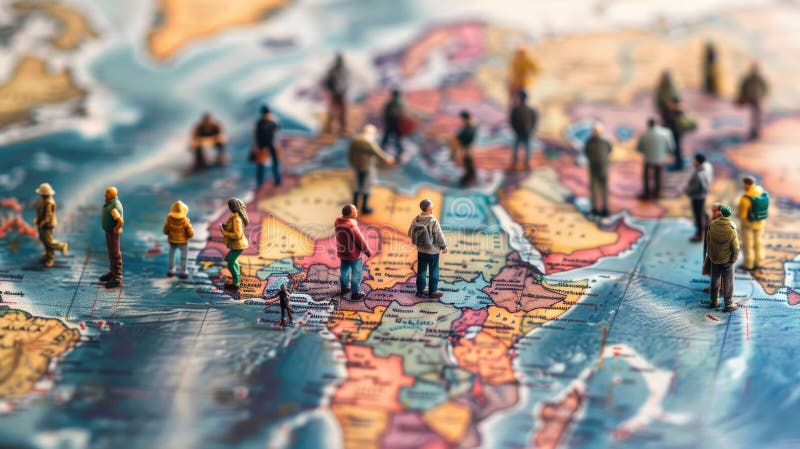 Miniature Figures Standing on a World Map Stock Image - Image of global ...