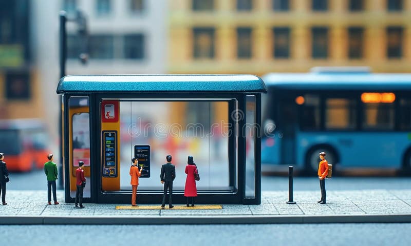 Miniature Figures Waiting at a Bus Stop in a Bustling Urban Environment ...