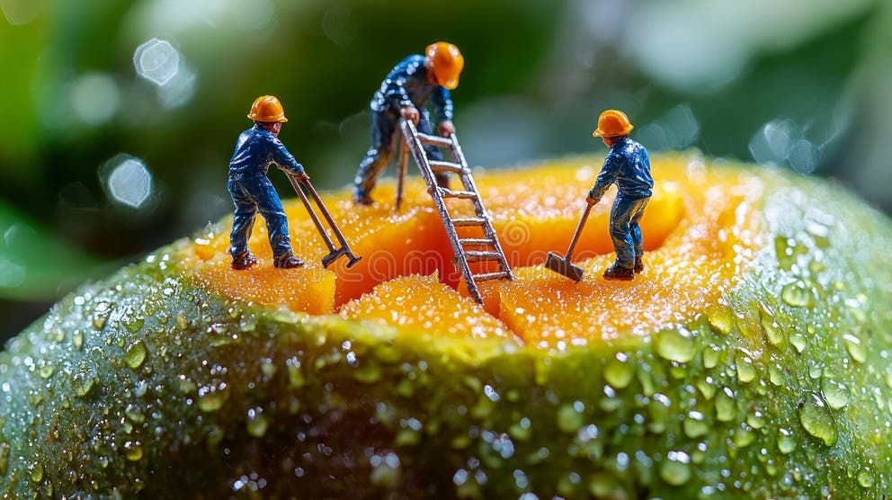 Miniature Figures Working on a Mango with Tiny Tools, Creative Food ...