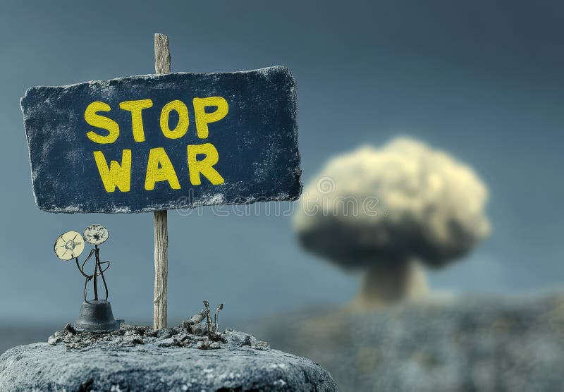 Stop War Message with Protest Sign and Mushroom Cloud Stock Photo ...