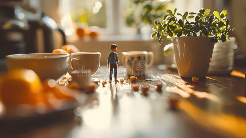 A Miniature Figurine Stands on a Table Surrounded by Teacups and Other ...