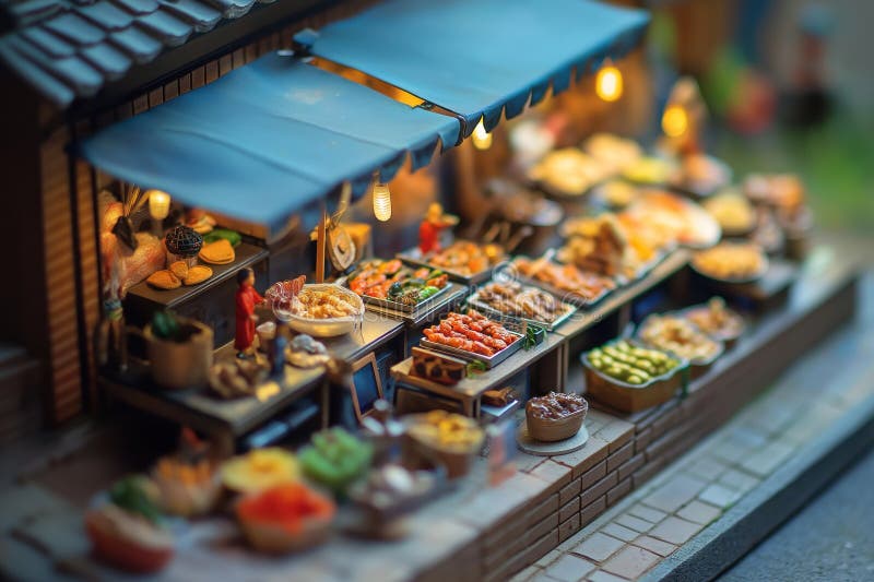 Miniature Food Stall Displays Various Cooked Food Items. Small Figures ...