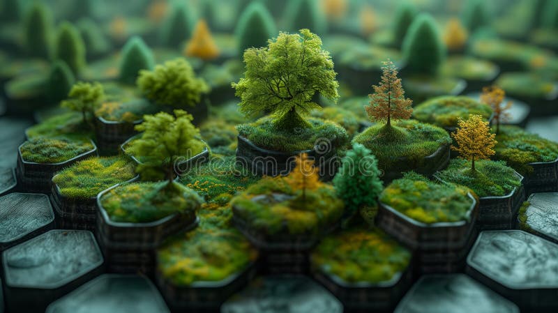Miniature Forest on Hexagonal Platforms - a Unique Art Piece Stock ...