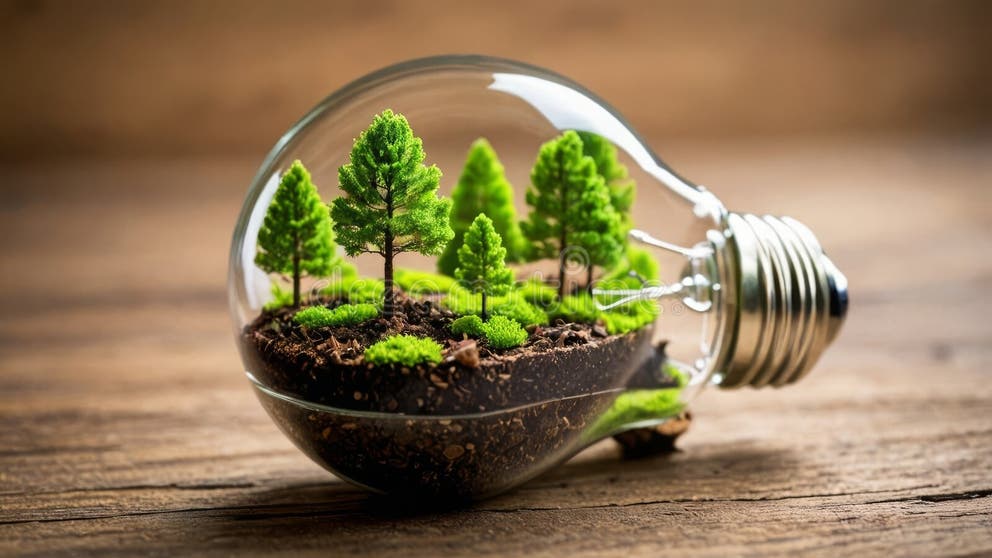 Miniature Forest Inside a Light Bulb, Symbolizing Conservation and ...