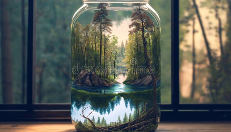 Miniature Forest with a Lake in a Glass Jar Stock Photo - Image of ...