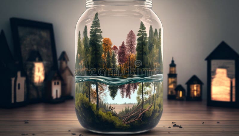 Miniature Forest with a Lake in a Glass Jar Stock Photo - Image of ...