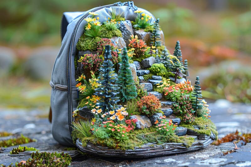 Miniature Garden Landscape on Backpack: a Whimsical Outdoor Scene Stock ...