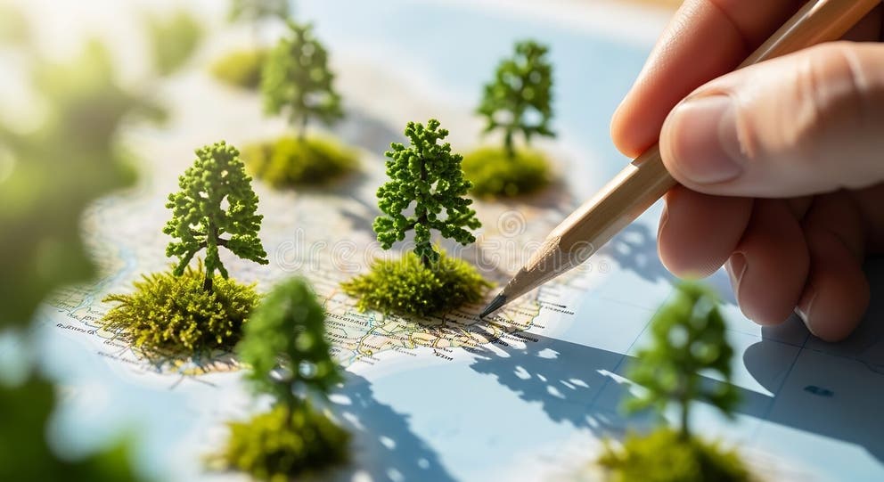 Miniature Forest Planning: Pencil Pointing on Map with Tiny Trees ...