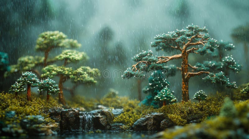 Miniature Forest in the Rain Stock Illustration - Illustration of ...