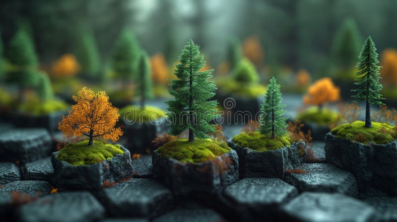 Miniature Forest Scene on Hexagonal Rocks in Misty Atmosphere Stock ...