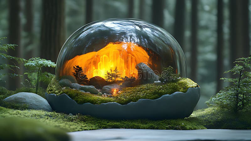 Miniature Forest Scene Inside a Glass Dome with a Fire in a Cave Stock ...