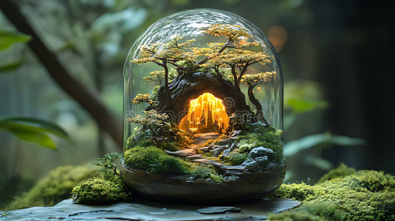 Miniature Forest Scene Inside a Glass Dome, Glowing Cave Entrance, Moss ...