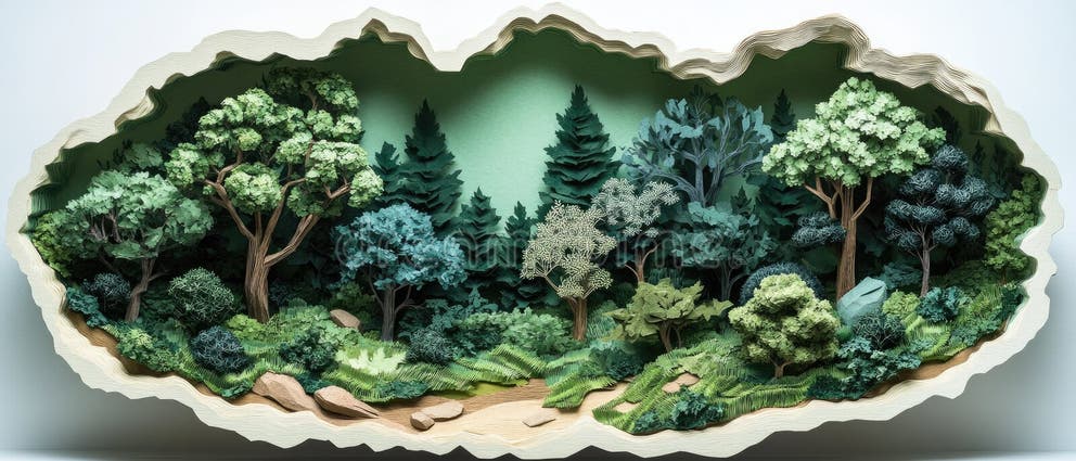 Miniature Clay Forest Scene with Path, Trees, and Shrubs Stock ...
