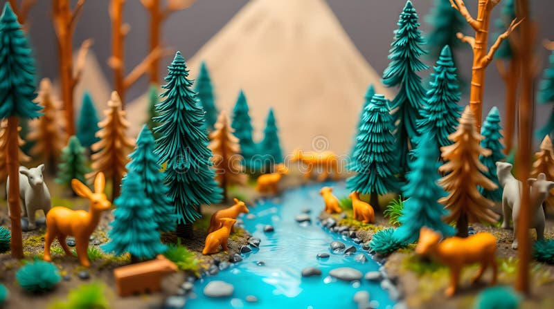 Miniature Forest Scene with River, Animals & Mountain Backdrop - a ...