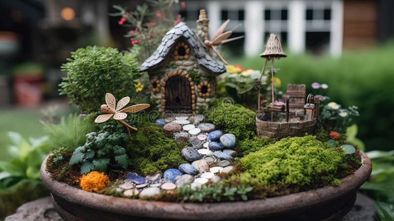 Miniature Garden with Wooden House and Decorative Elements. Miniature ...