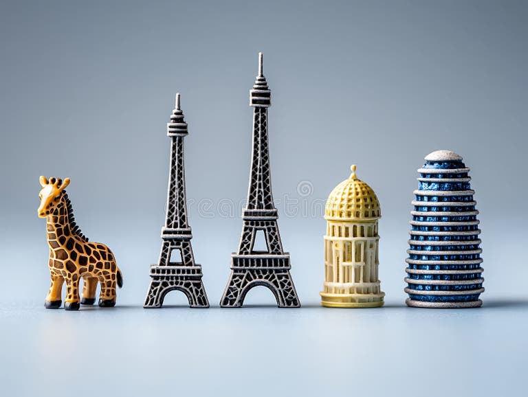 Miniature Giraffe and Landmark Models on Light Blue Background Stock ...