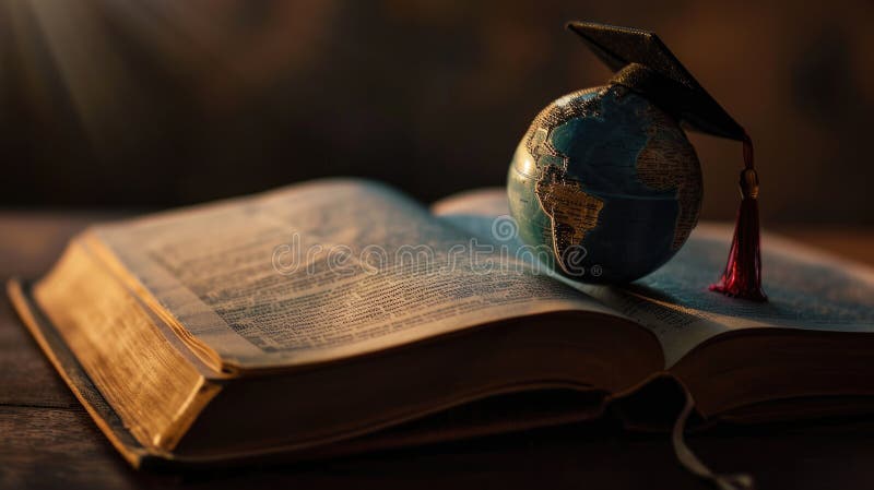 Miniature Globe with a Graduation Cap on Top, Placed on an Open Book ...