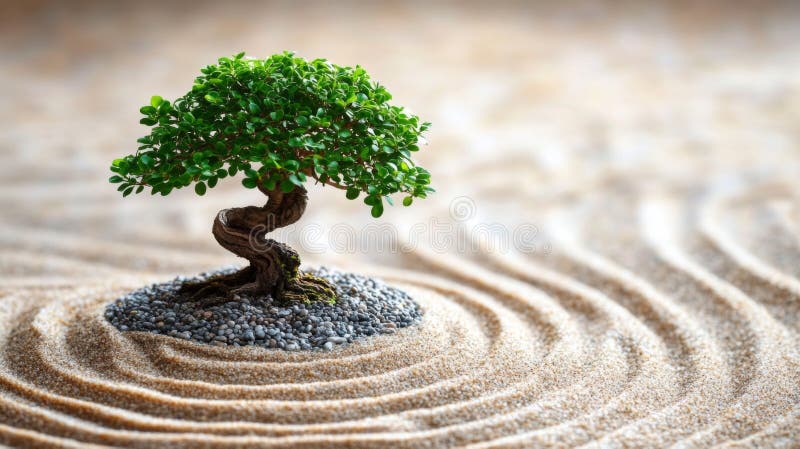 Miniature Green Bonsai Tree in a Circular Sand Zen Garden Stock ...