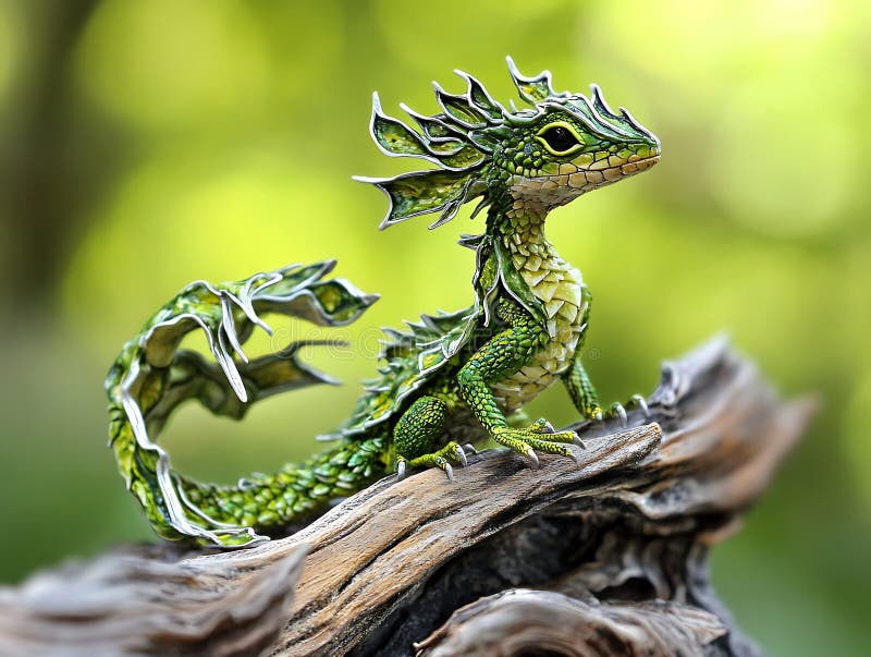 Miniature Green Dragon Perched on a Wooden Branch Stock Illustration ...