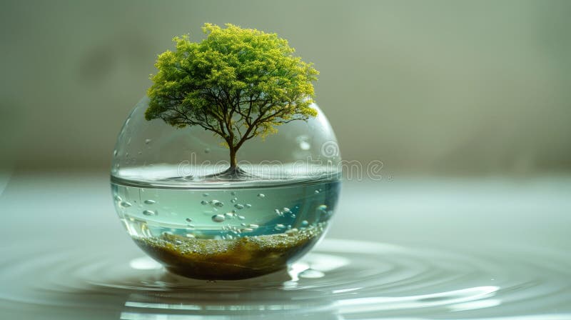 A Miniature Green Tree Inside a Large Water Drop Resting on a Surface ...